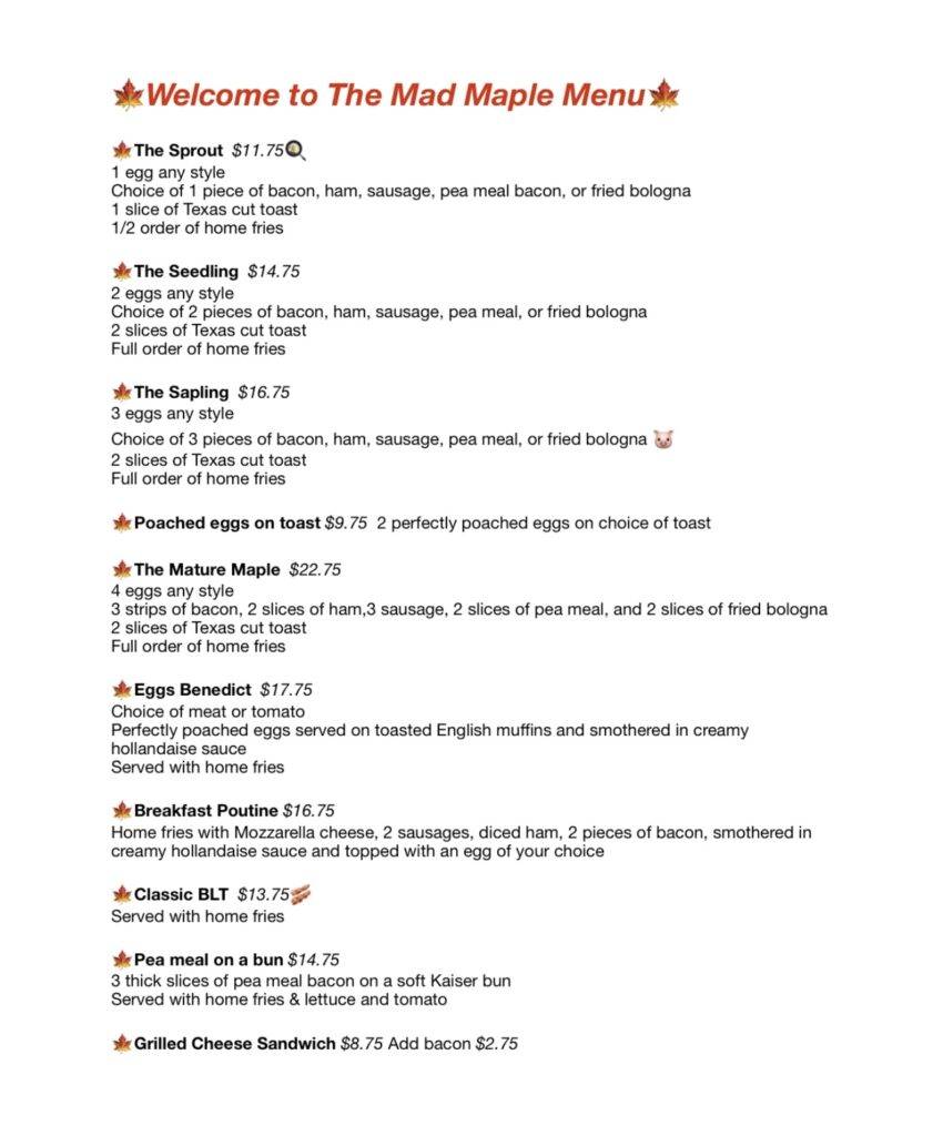 Menu – The Mad Maple – Breakfast Haven